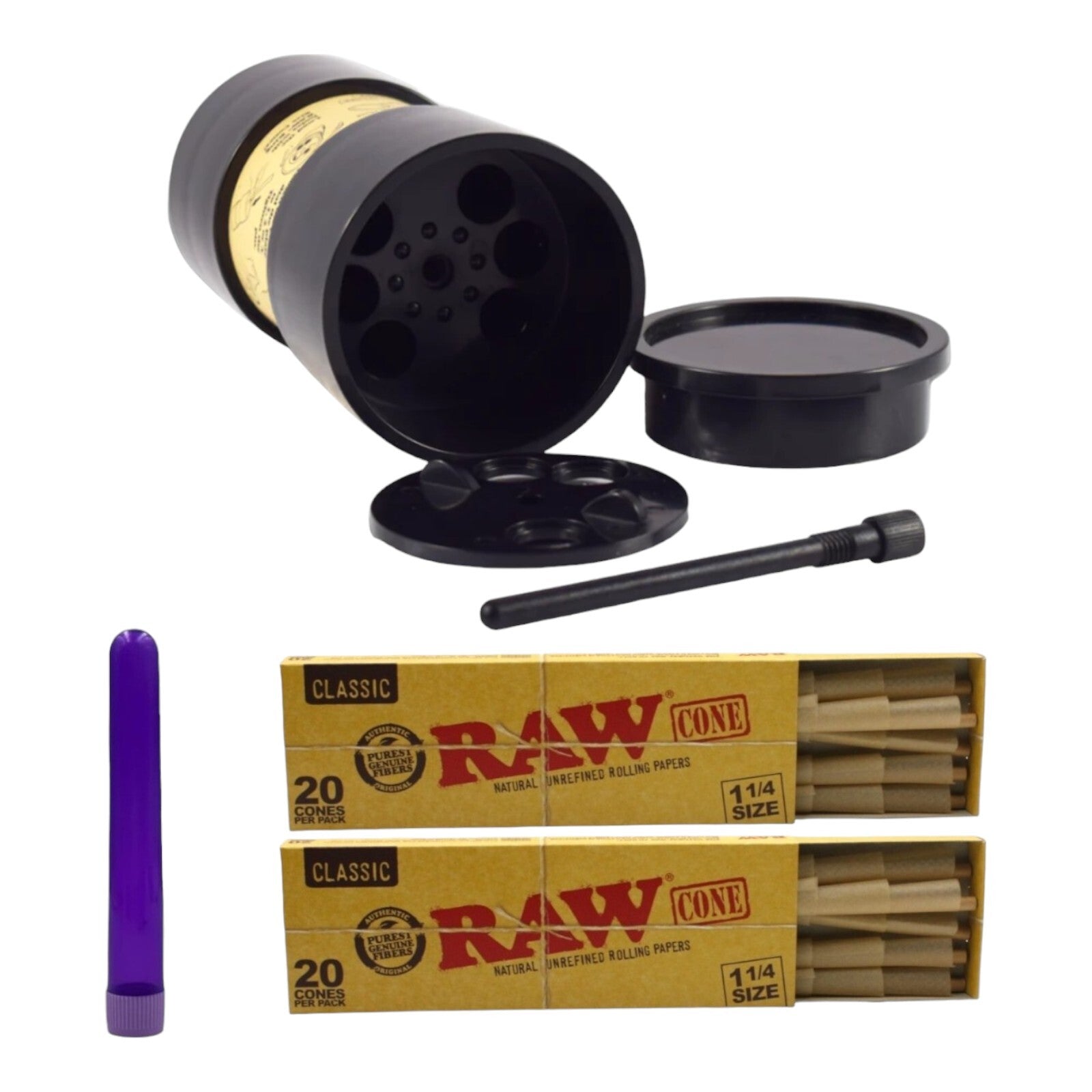 RAW Six Shooter with 40 1 1/4 Classic Natural Pre Rolled Cones + Free ...