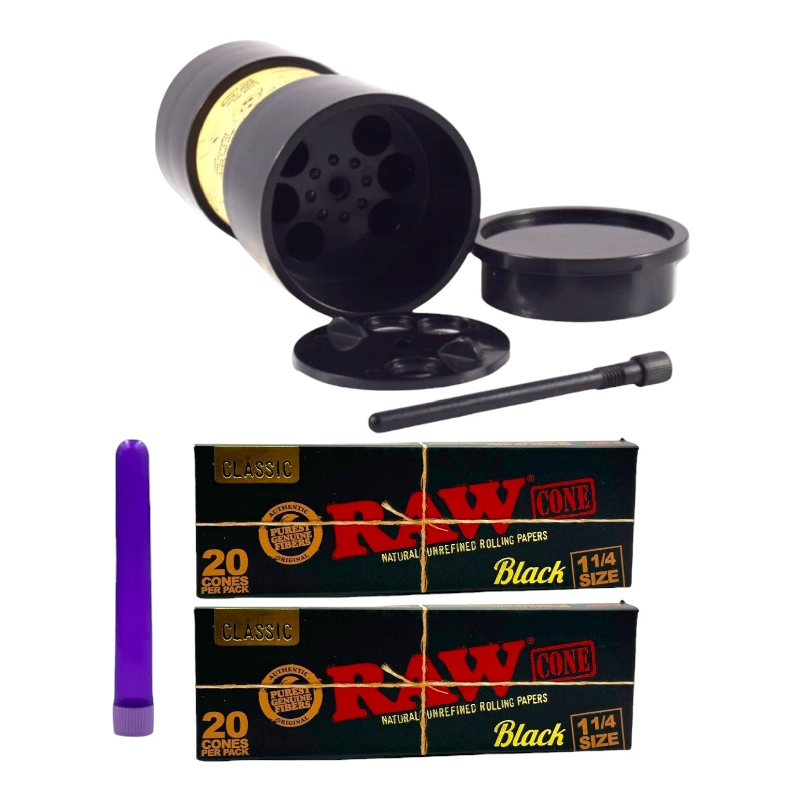 RAW Six Shooter with 40 1 1/4 Black Classic Pre Rolled Cones + Free Tu ...