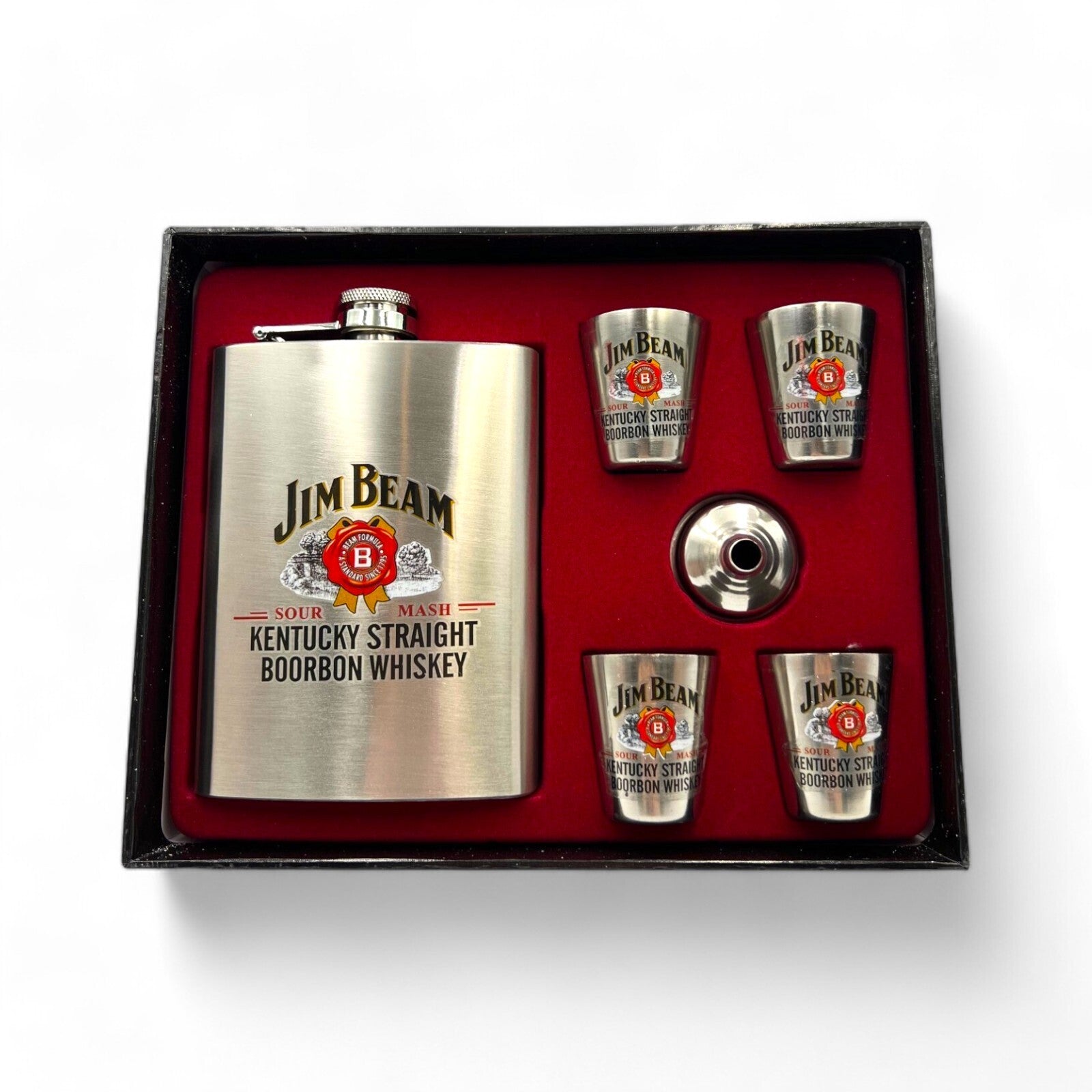 Jim Beam Hip Flask and Shot Glass Gift Set - Stainless Steel (8oz ...