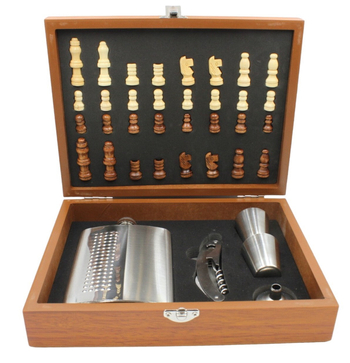 Wood Chess Set with Hip Flask, Shot Glasses, and Bottle Opener (8oz ...
